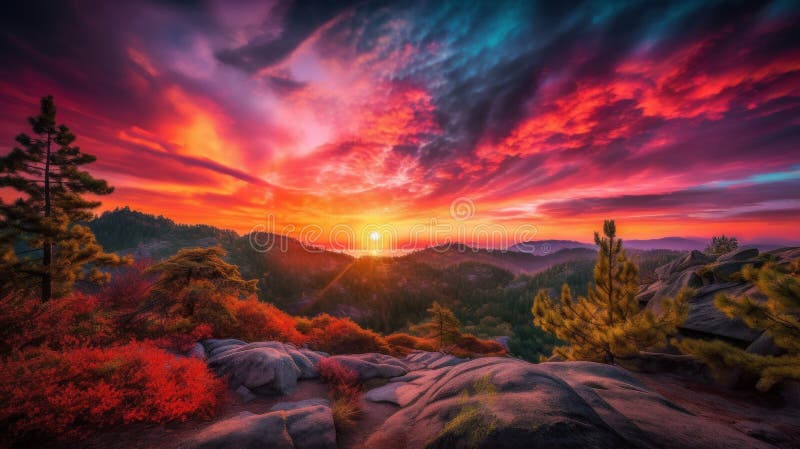 The Sun is Setting Over the Mountains and Trees. Generative AI Image ...