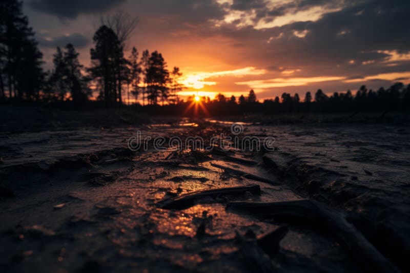 The Sun is Setting Over a Muddy Field Stock Illustration - Illustration ...