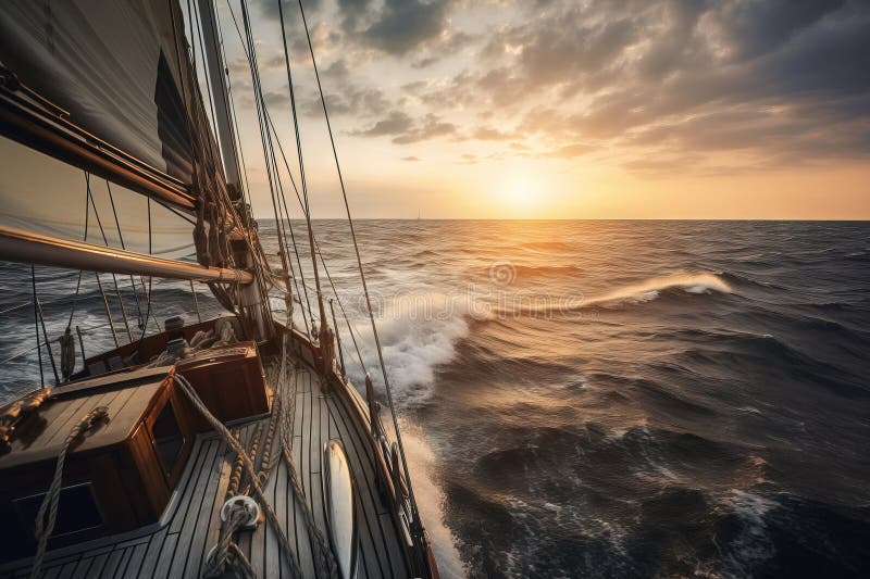 The Sun is Setting Over the Ocean As a Sailboat Sails Stock Illustration - Illustration of sails ...