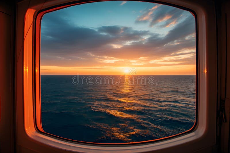 The Sun is Setting Over the Ocean As Seen through a Window.Window View ...
