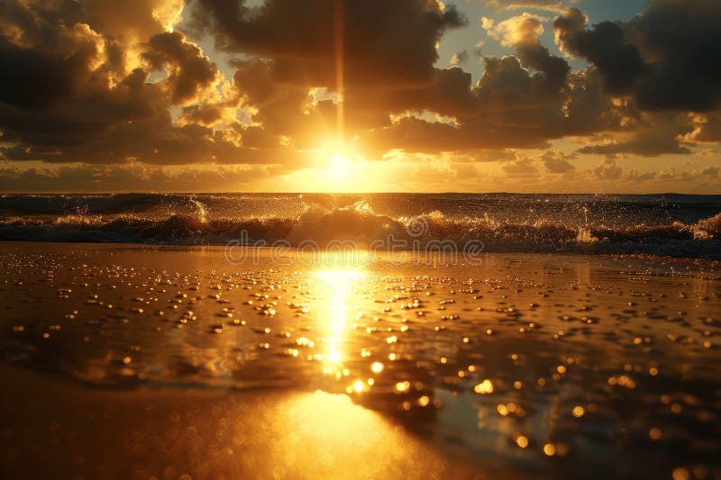 The Sun is Setting Over the Ocean, Casting a Golden Glow on the Beach ...