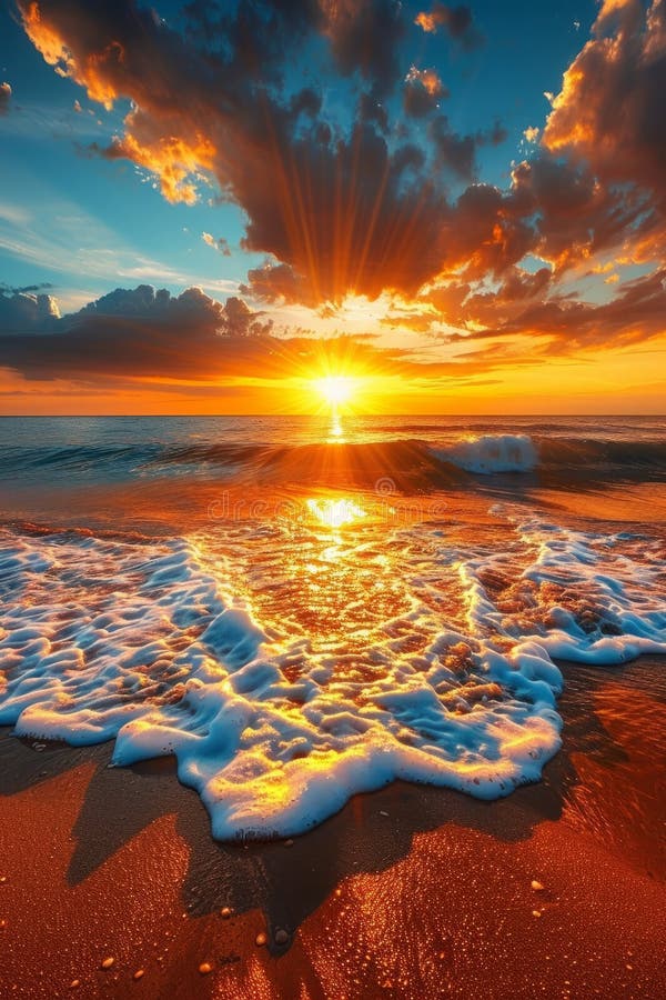 The Sun is Setting Over the Ocean, Casting a Golden Glow on the Beach ...