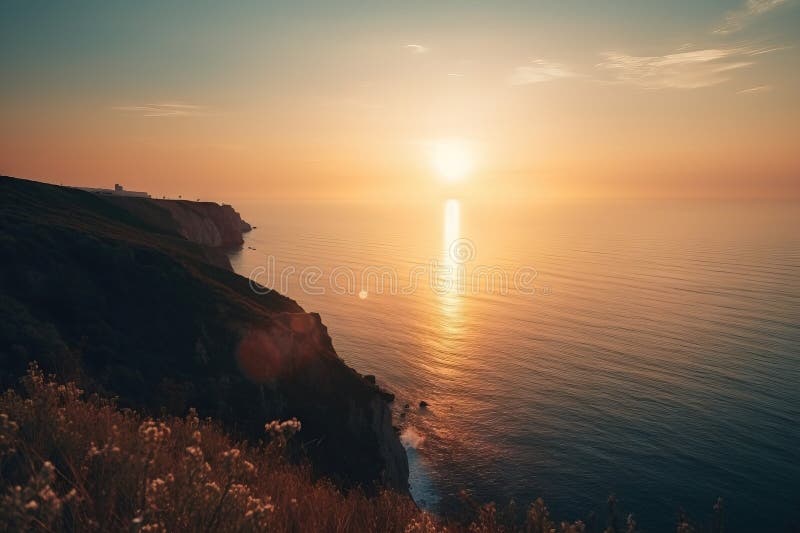 The Sun is Setting Over the Ocean on a Cliff Side Stock Illustration ...