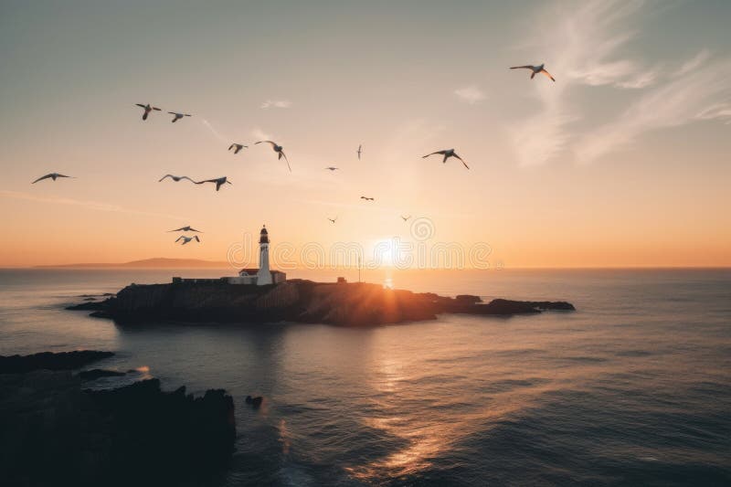 The Sun is Setting Over the Ocean with Lighthouse at Horizon with ...