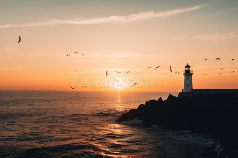 The Sun is Setting Over the Ocean with Lighthouse at Horizon with ...
