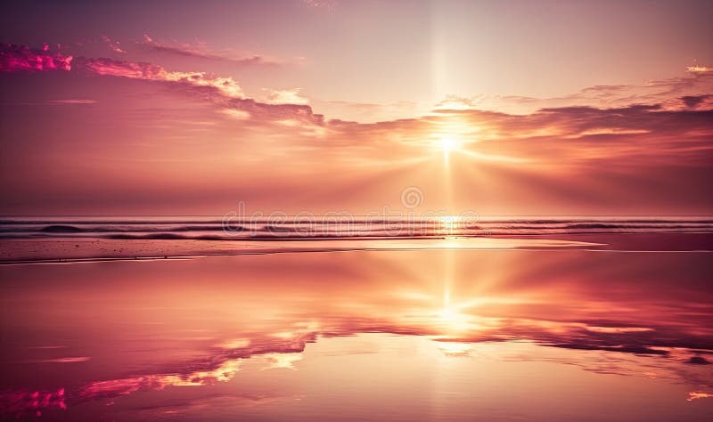 The Sun is Setting Over the Ocean with a Pink Sky Stock Illustration ...