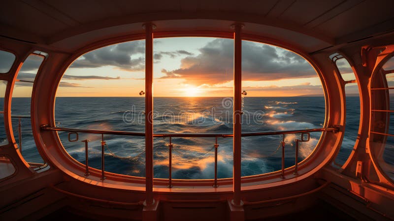 The Sun is Setting Over the Ocean through a Round Window.Window View ...