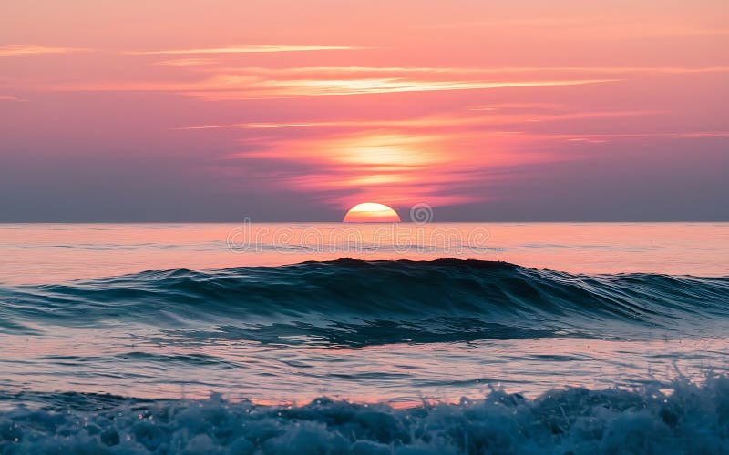 Sun Setting Over Ocean with Silhouette Waves Stock Illustration ...