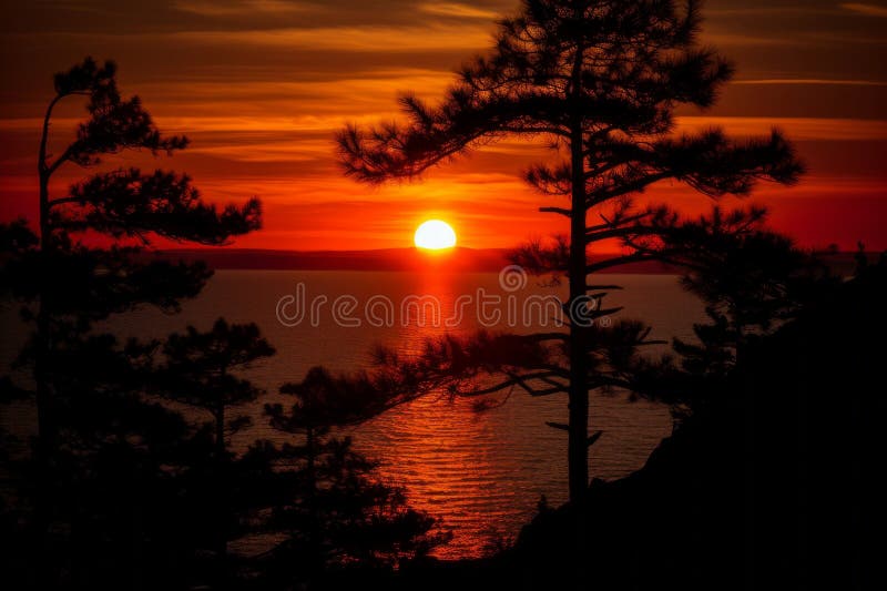 The Sun is Setting Over the Ocean and Some Trees Stock Illustration ...
