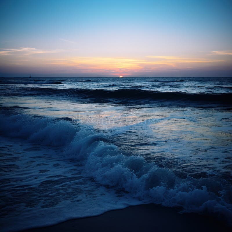 The Sun is Setting Over the Ocean with a Wave Coming in Stock ...