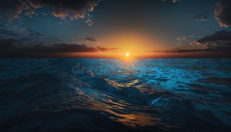 The Sun is Setting Over the Ocean with a Wave in the Foreground and ...