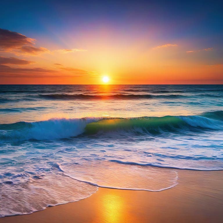 The Sun is Setting Over the Ocean with a Wave Stock Illustration ...