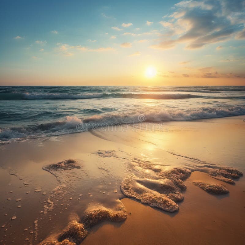 The Sun is Setting Over the Ocean with Waves Coming in and Out of the ...