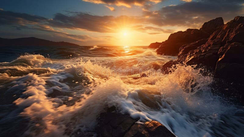 The Sun is Setting Over the Ocean Waves Stock Illustration ...