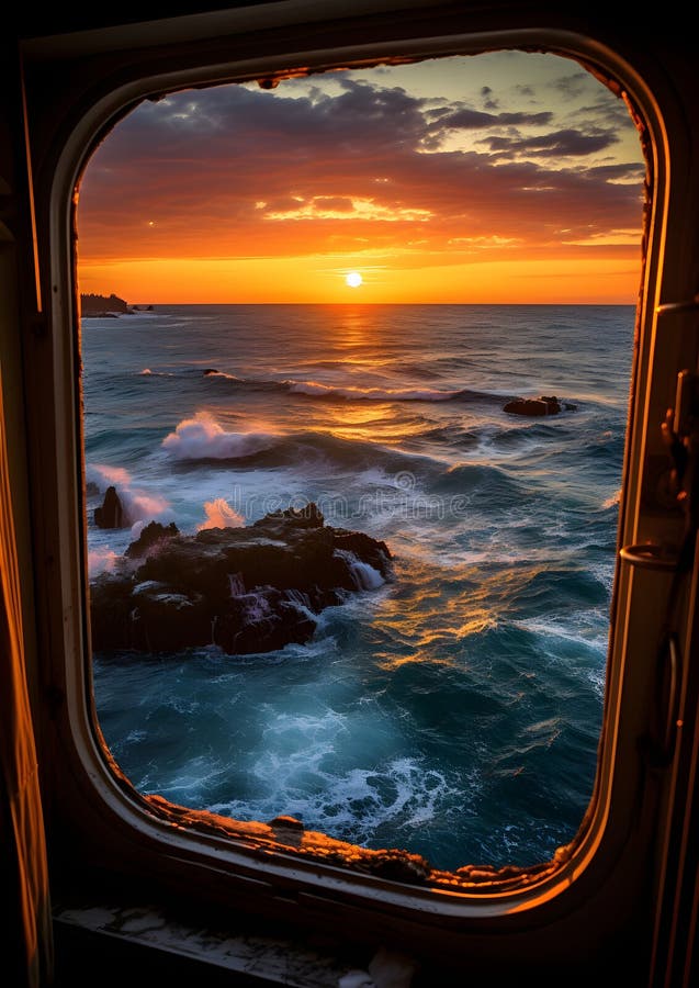 The Sun is Setting Over the Ocean from a Window Window View from Ship ...