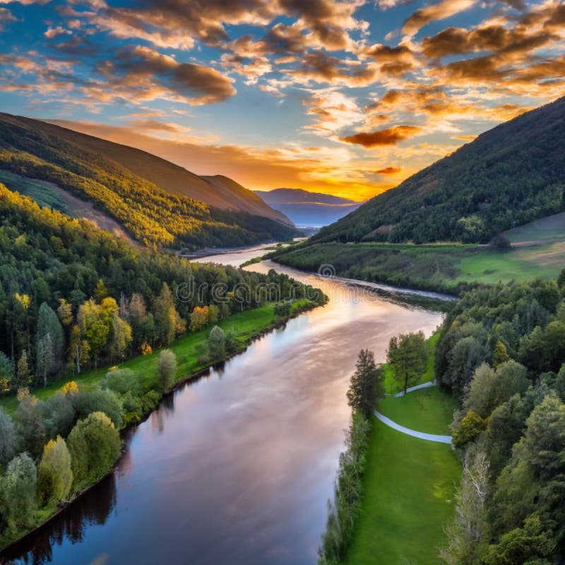 A Sun Setting Over a Peaceful River Bend. Stock Illustration ...