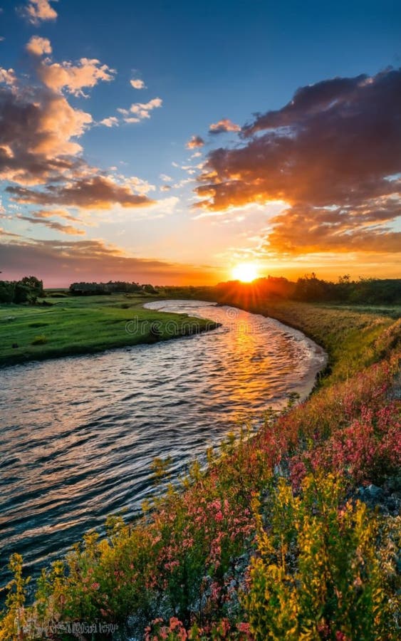 A Sun Setting Over a Peaceful River Bend. Stock Illustration ...