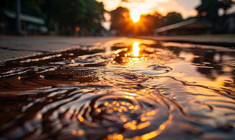 Sun Setting Over Puddle of Water Stock Image - Image of sunset, scenery ...