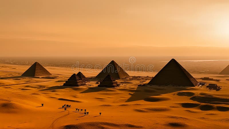 The Sun is Setting Over the Pyramids of Egypt. Stock Photo - Image of ...