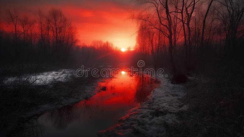 The Sun is Setting Over a River in a Forest with Snow on the Ground ...
