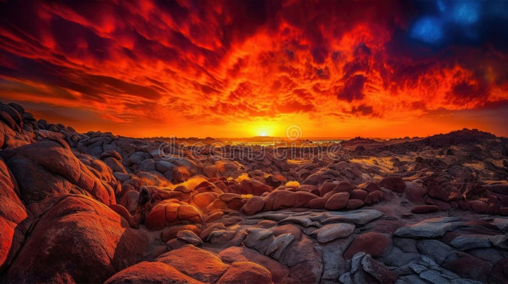 The Sun is Setting Over a Rocky Beach. AI Generative Image. Stock ...
