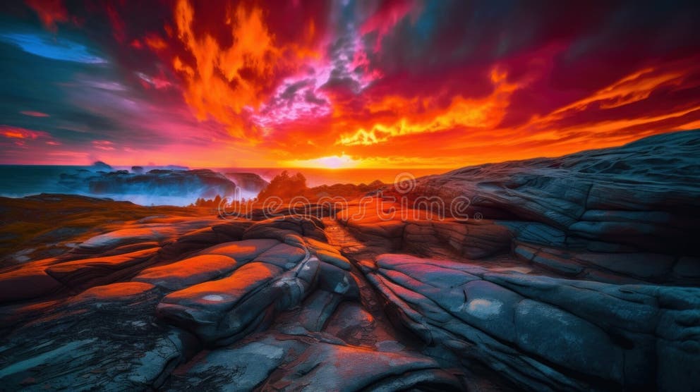 The Sun is Setting Over a Rocky Beach. AI Generative Image. Stock ...