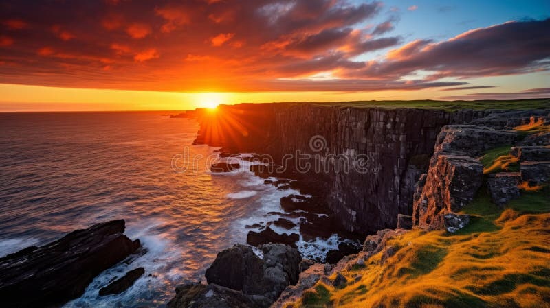 The Sun is Setting Over a Rocky Cliff Stock Illustration - Illustration ...