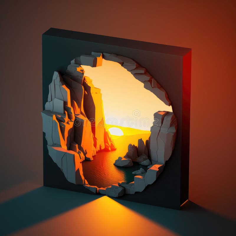 The Sun Setting Over a Rocky Cliff Podium, Empty Showcase for Packaging ...