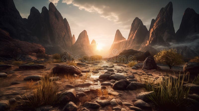 The Sun is Setting Over a Rocky Mountain Valley with a Stream Running ...