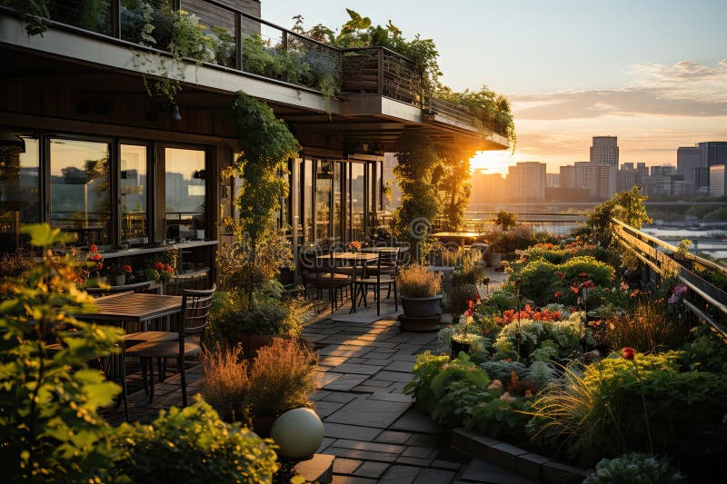 The Sun is Setting Over the Rooftop of a Restaurant Stock Illustration ...