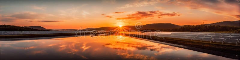 The Sun is Setting Over a Solar Farm. AI Generative Image. Stock ...