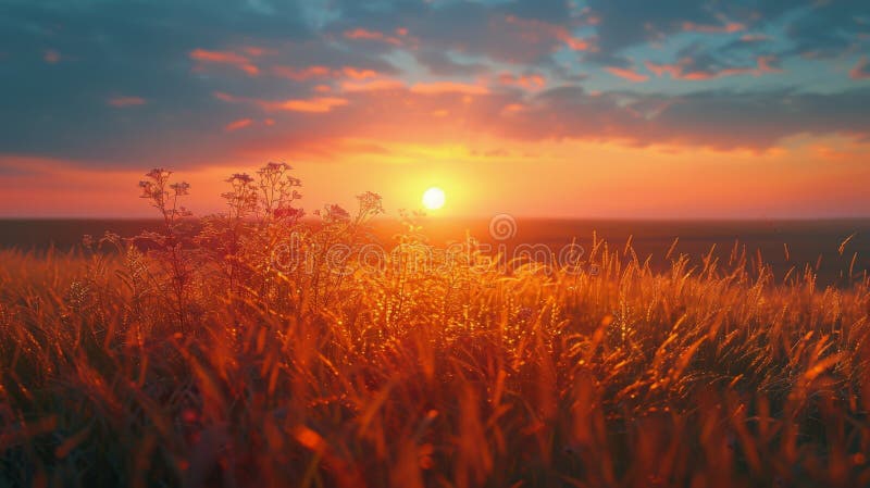 Sun Setting Over Tall Grass Field Stock Photo - Image of horizon ...