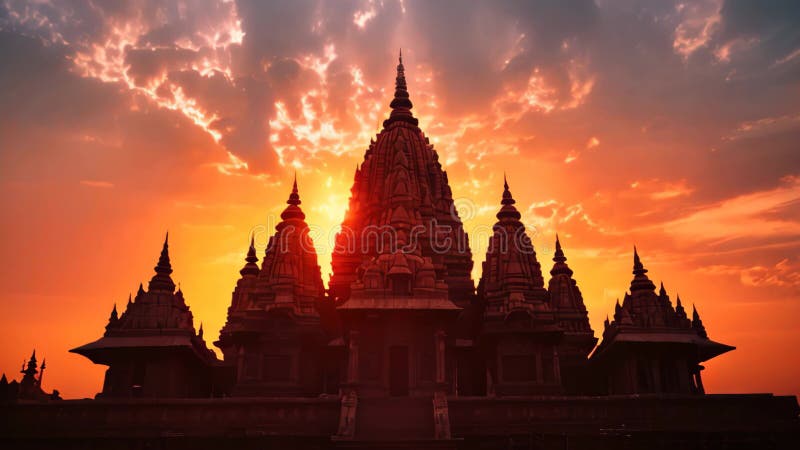 Sun Setting Over Temple In India Captivating View Of Nature And Architecture Silhouette Of An