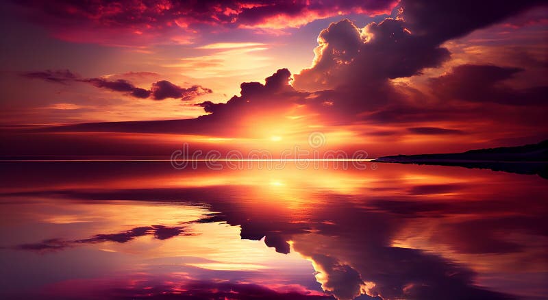 Sun Setting Over Tranquil Blue Water, Vibrant Colors ,generative AI ...