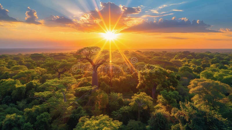 Sun Setting Over Trees in Forest Stock Photo - Image of light, scenery ...