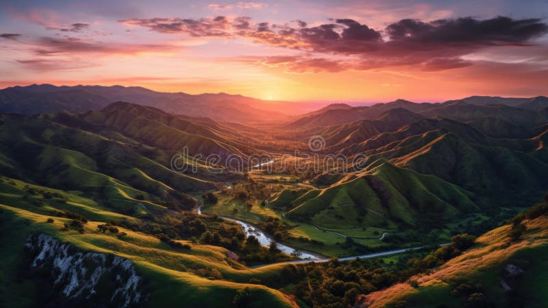 The Sun is Setting Over a Valley in the Mountains. Generative AI Image ...