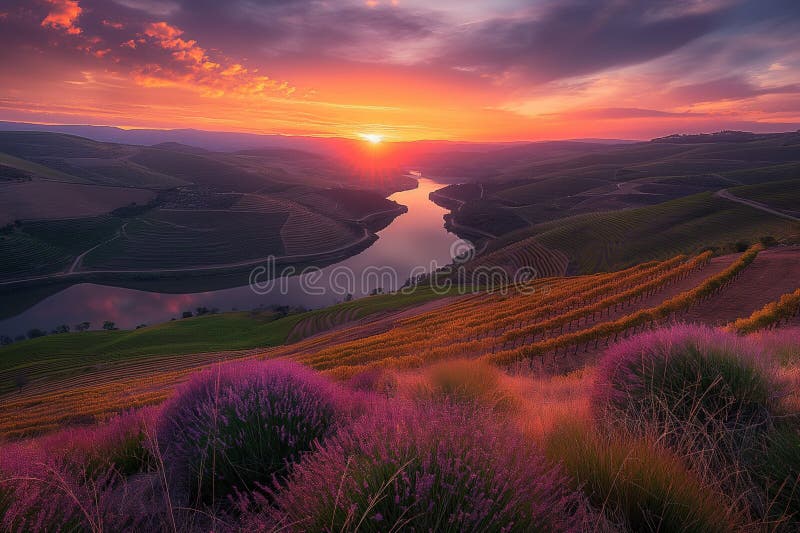 Sun Setting Over Valley Serene Lake Below Ai Generated Stock Photos ...