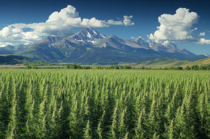 Sun Setting Over Vibrant Hemp Field Mountain Backdrop Stock Photos ...