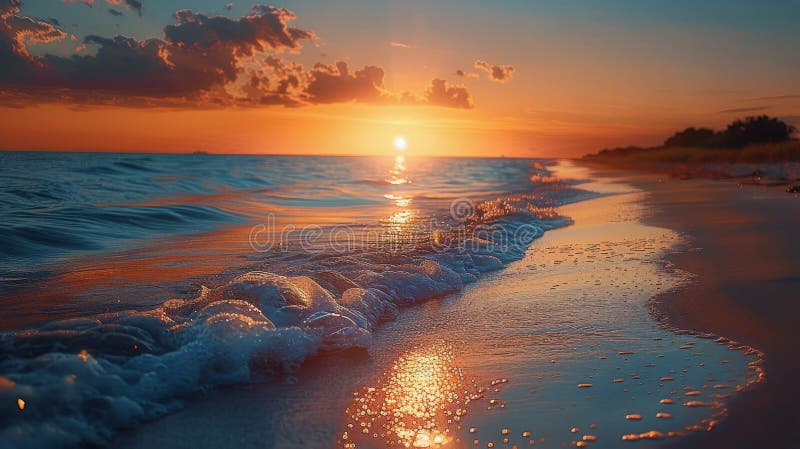 Sun Setting Over Water at Beach Stock Photo - Image of ocean, shoreline ...