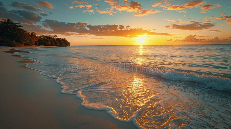 Sun Setting Over Water at Beach Stock Image - Image of orange ...