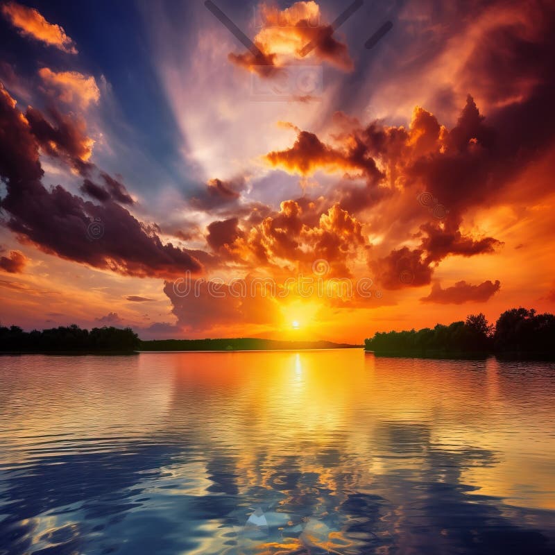 The Sun is Setting Over the Water with Clouds in the Sky and Trees in ...