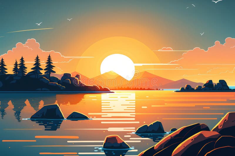Sun setting over the water stock illustration. Illustration of contour ...