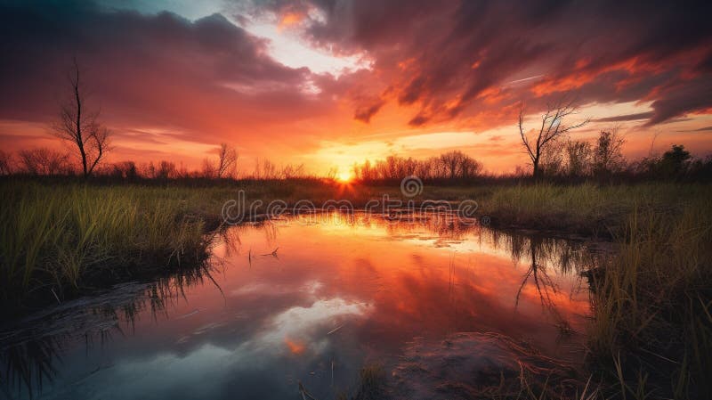 The Sun is Setting Over the Water in the Marshy Area Stock Illustration ...