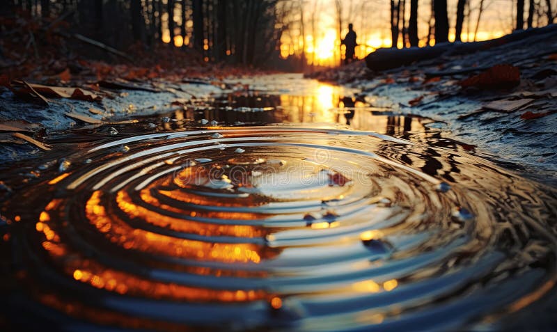 Sun Setting Over Water Puddle Stock Photo - Image of weather, city ...