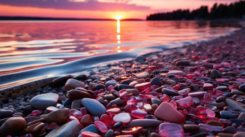 The Sun is Setting Over the Water and Rocks on the Beach. Generative AI ...