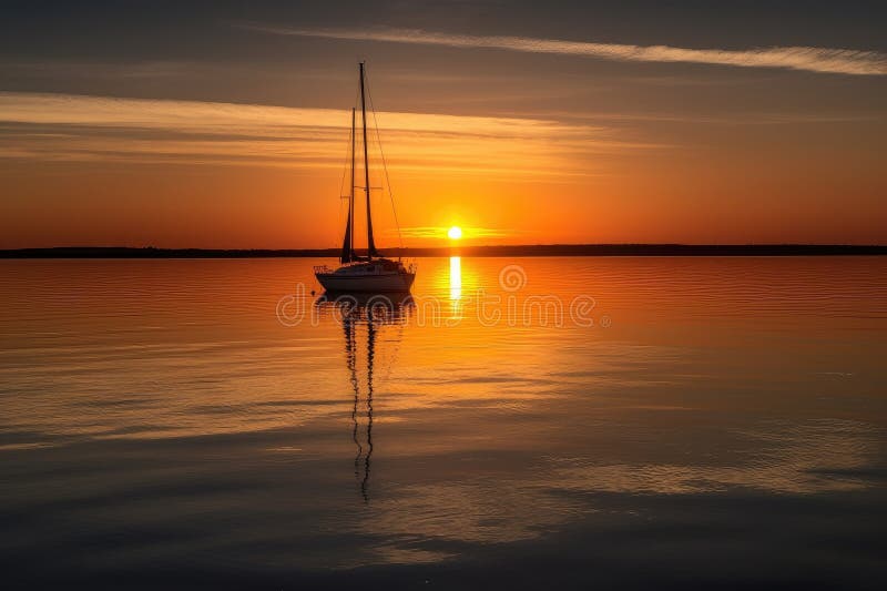 The Sun Setting Over the Water, with Sailboat and Its Reflection ...