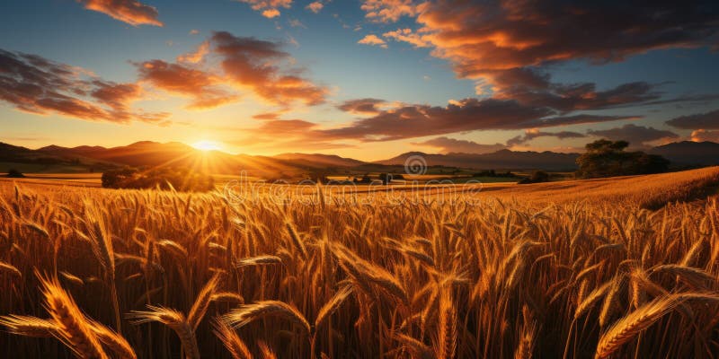The Sun is Setting Over a Wheat Field Stock Illustration - Illustration ...