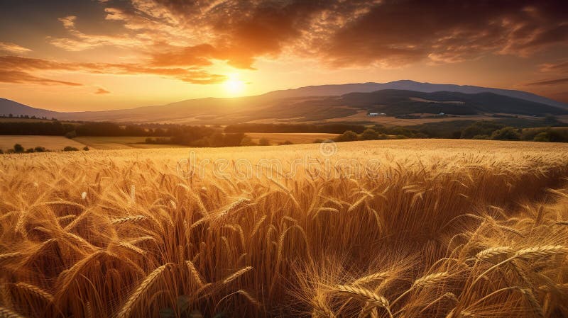 The Sun is Setting Over a Wheat Field. AI Generative Image Stock ...