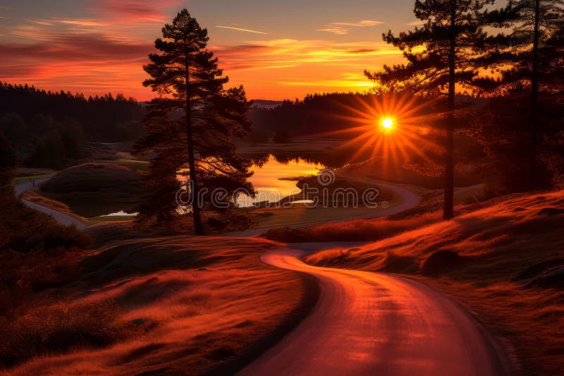 The Sun is Setting Over a Winding Road in the Forest Stock Illustration ...
