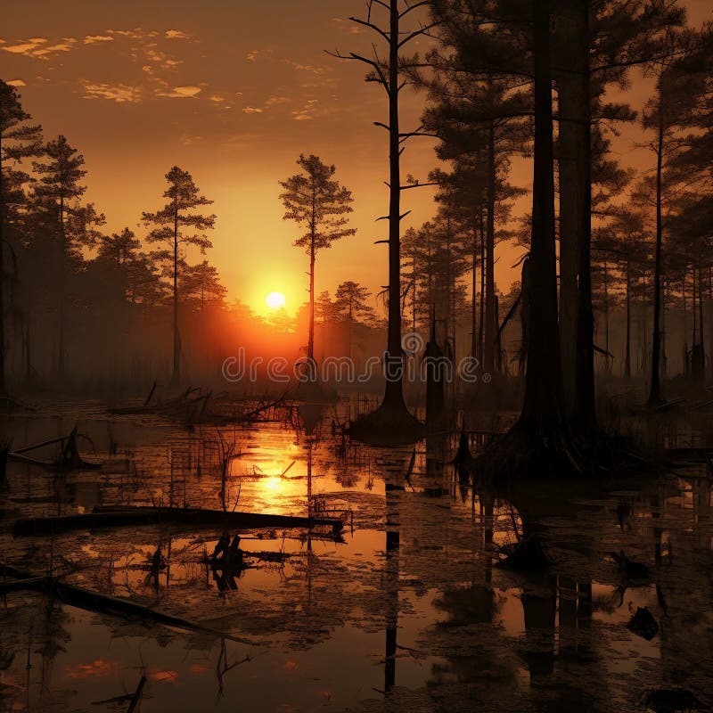 Scene Description Sunset Over the Swamp Stock Illustration ...